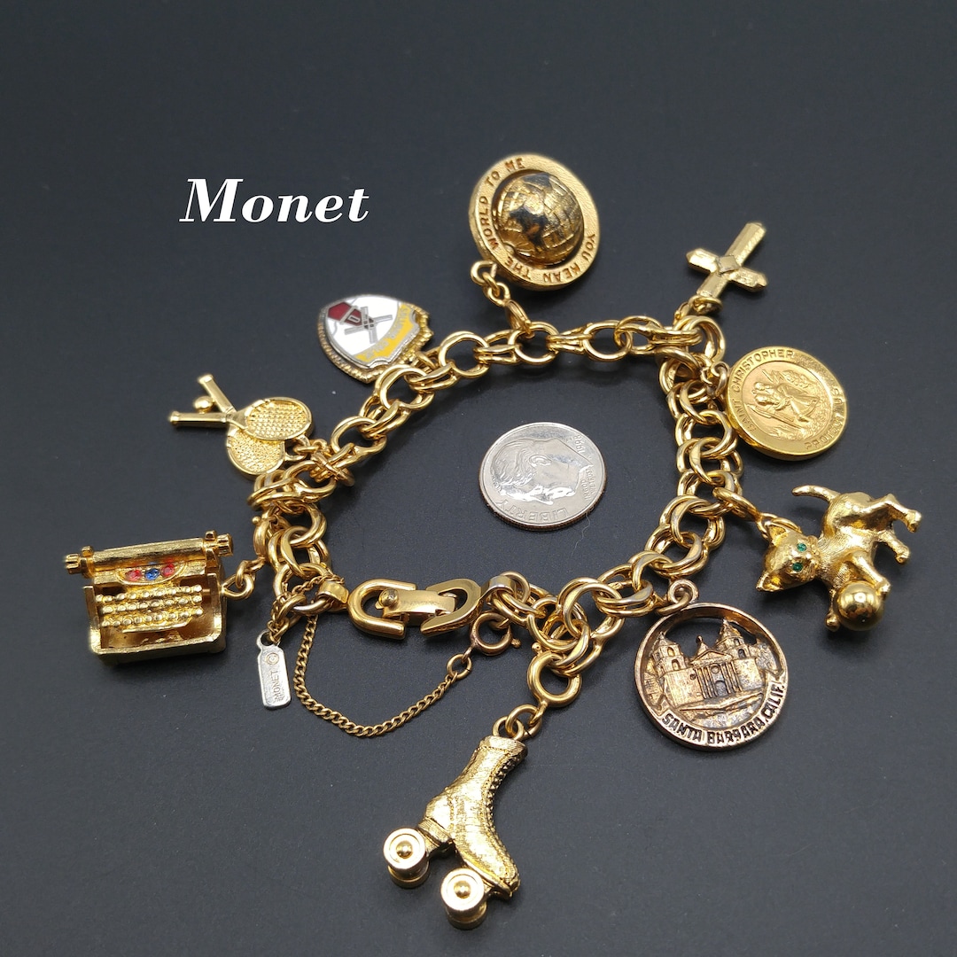 Vintage Monet Charm Bracelet, 7 Spring Ring Charms, Sterling Charms ...