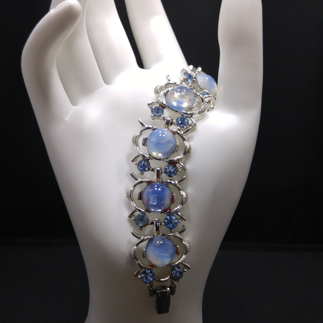 Faux Moonstone Light Blue Rhinestone Bracelet, Rhodium Plated, 1960s ...