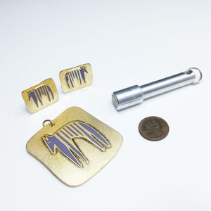 Laurel Burch striped Beast Pendant & Earrings, Brass Purple Enamel ...