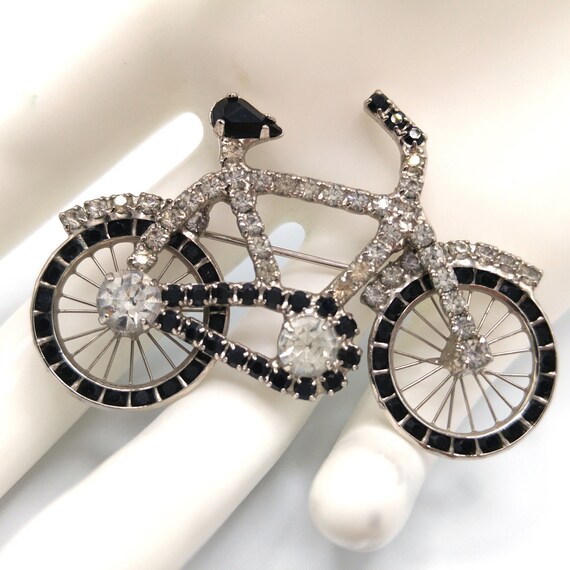 Dorothy Bauer Bicycle Figural Brooch, Black Clear Rhi… - Gem