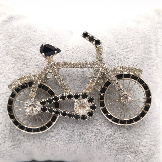 Dorothy Bauer Bicycle Figural Brooch, Black Clear Rhi… - Gem