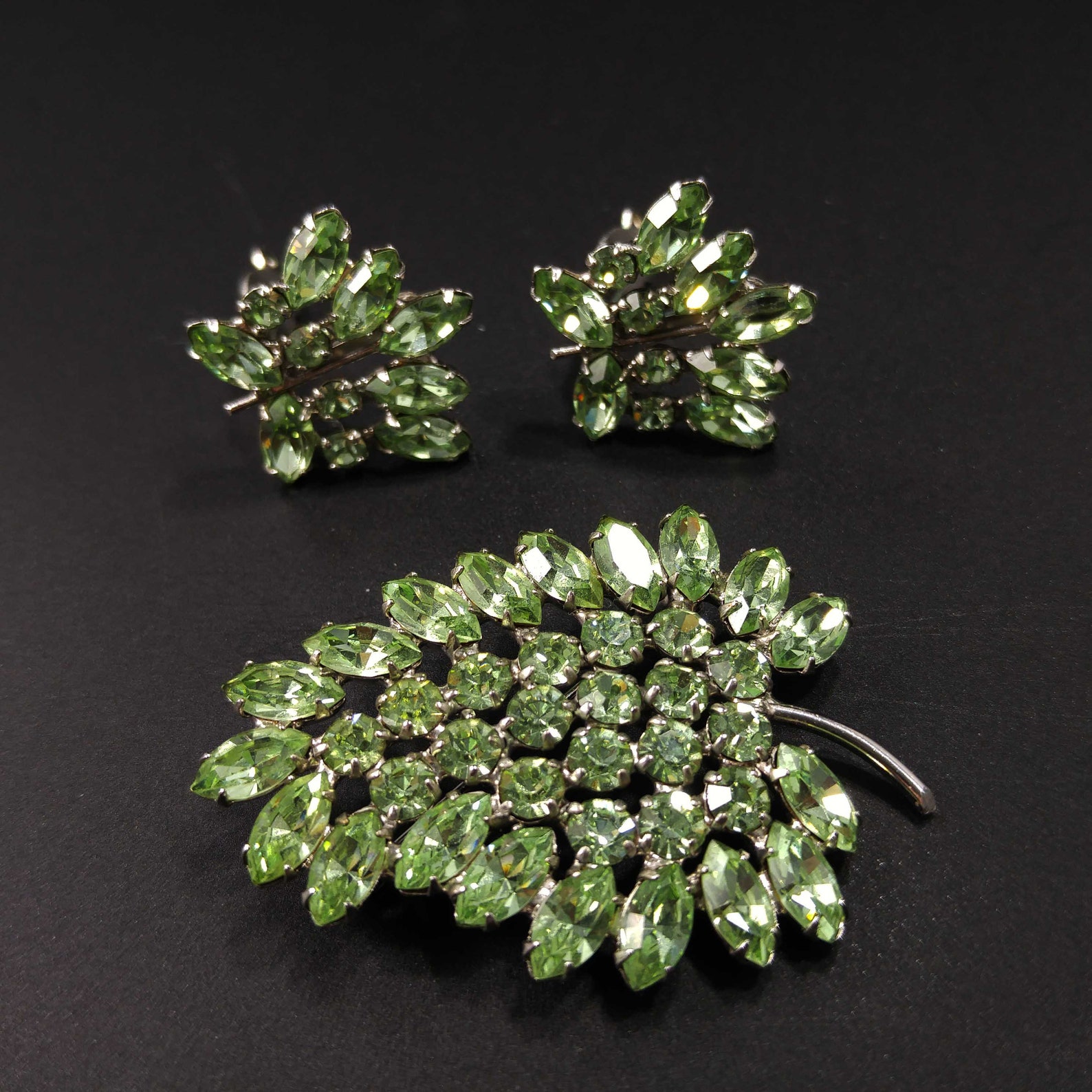 B. David Peridot Rhinestone Brooch & Earrings Silver Tone - Etsy