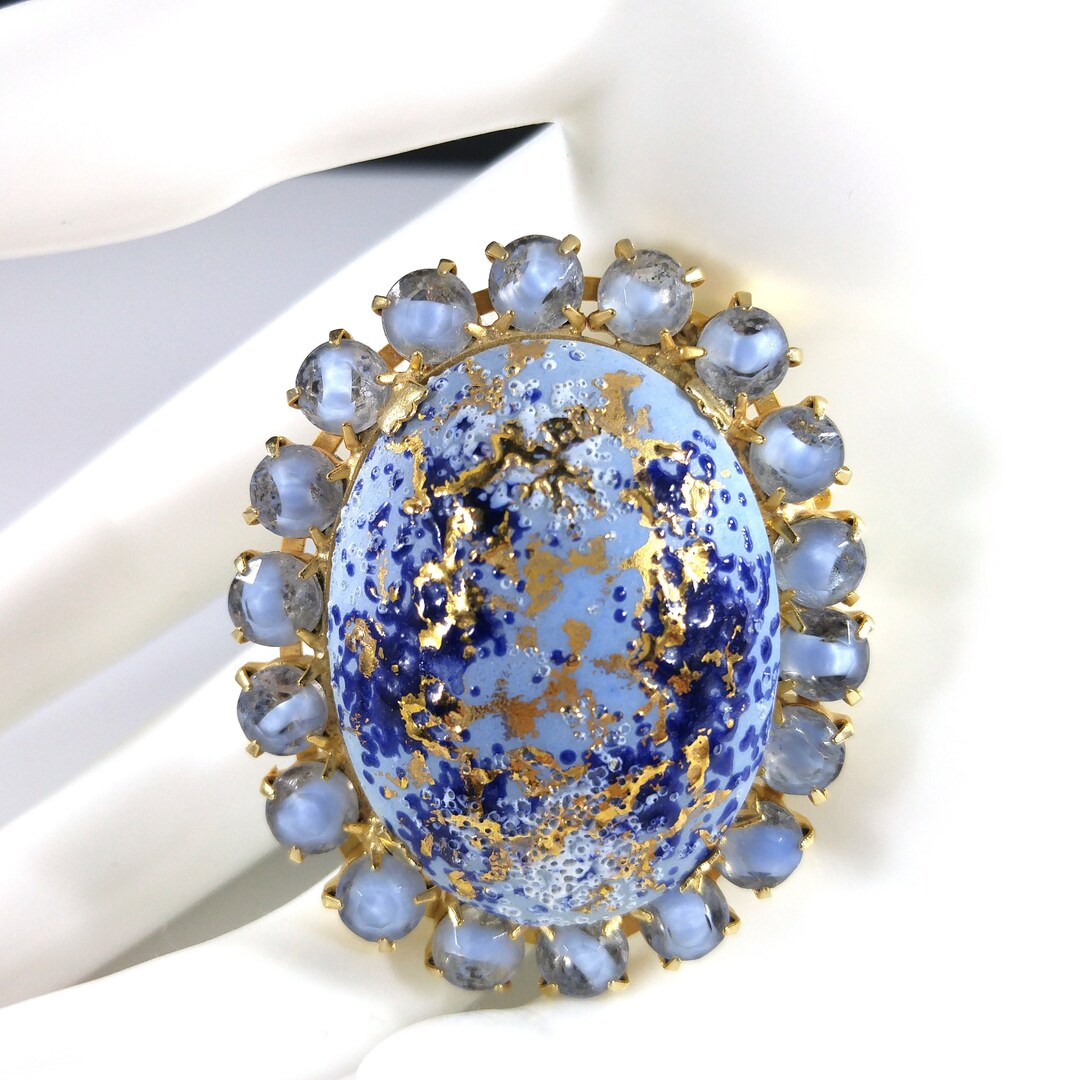 Hand Painted Blue Spatter Gold Ceramic Brooch, Gold Plated, 1960s ...