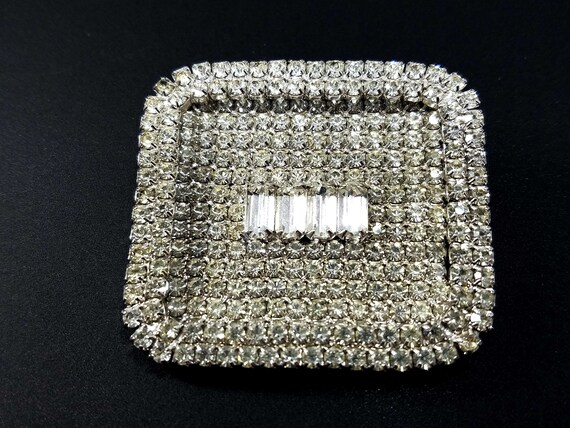Clear Rectangle Rhinestone Brooch, Rhodium Plated, 19… - Gem