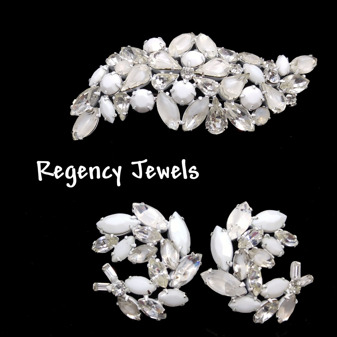 Regency Jewels White Enamel Brooch & Earrings Set, Milk Glass Clear ...