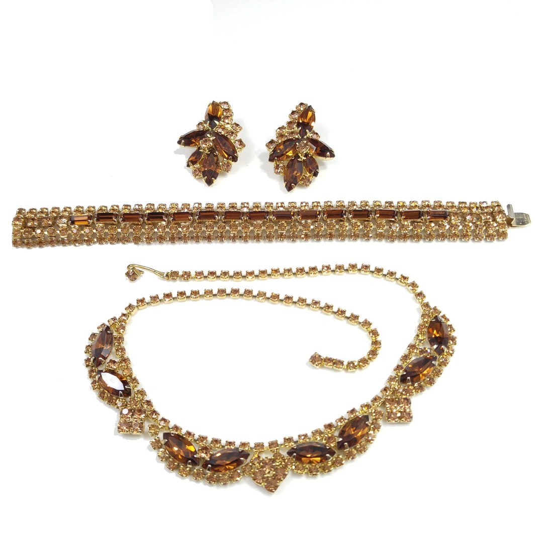Vintage Rhinestone Jewelry Set: Necklace Bracelet Earrings, Topaz ...