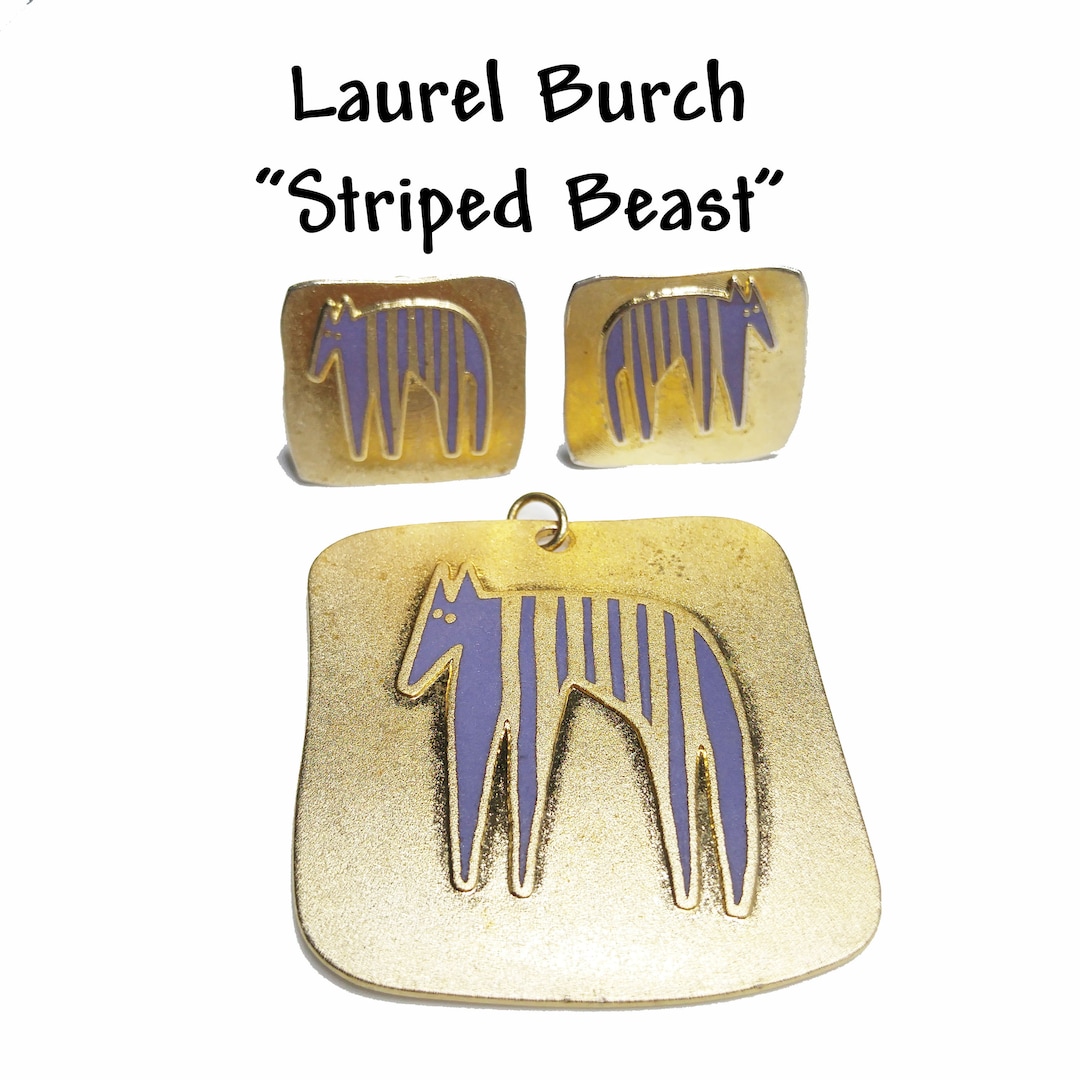 Laurel Burch striped Beast Pendant & Earrings, Brass Purple Enamel ...