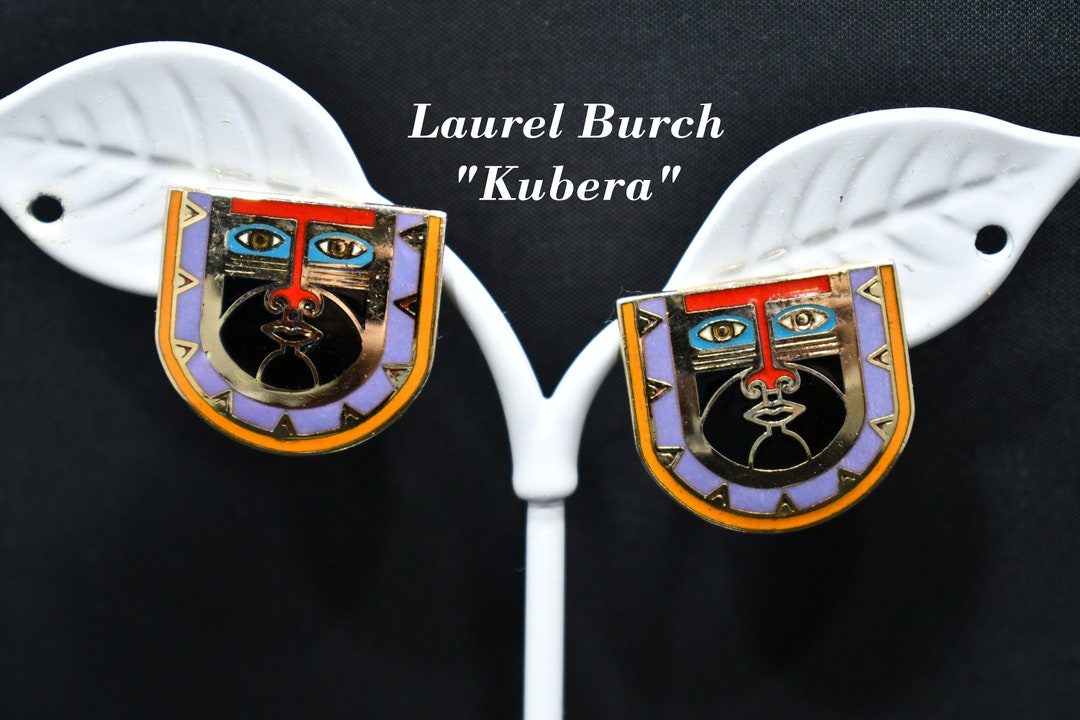 Laurel Burch kubera Mask Tribal Post Earrings, Cloisonne Gold Plated ...