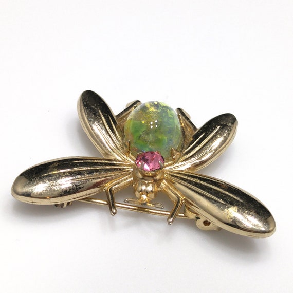 Vintage Lucite Insect Brooch, Gold Flakes, Pink Rhine… - Gem