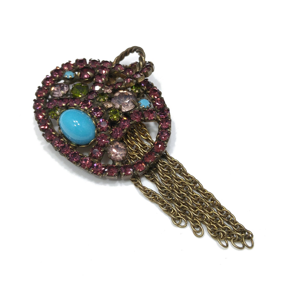 Purple Rhinestone Turquoise Cabochon Brooch Antique Gold Tone - Etsy