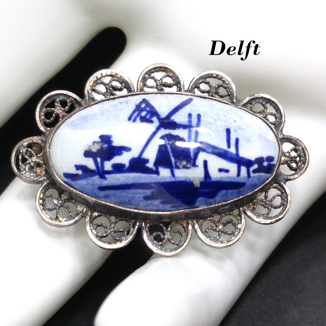 Dutch Delft 835 Silver Filigree Brooch, Windmill Porcelain Pin, 1940s ...