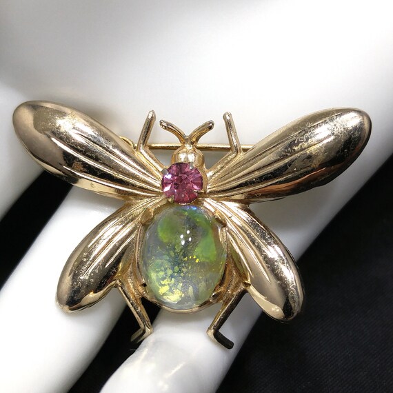 Vintage Lucite Insect Brooch, Gold Flakes, Pink Rhine… - Gem