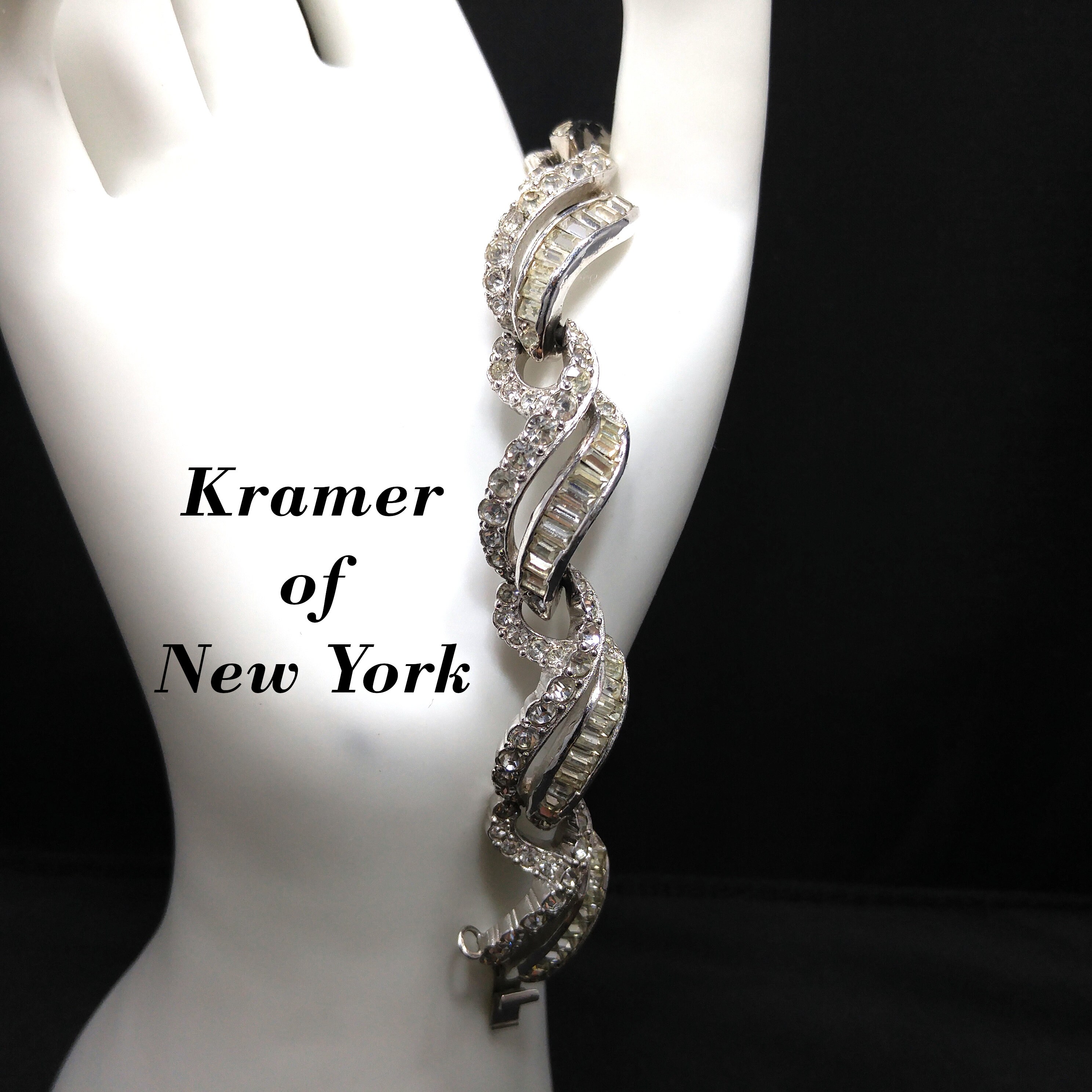 Kramer of New York Clear Rhinestone Bracelet Rhodium Plated Safety Chain 1950s Vintage Jewelry