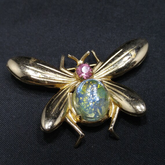 Vintage Lucite Insect Brooch, Gold Flakes, Pink Rhine… - Gem