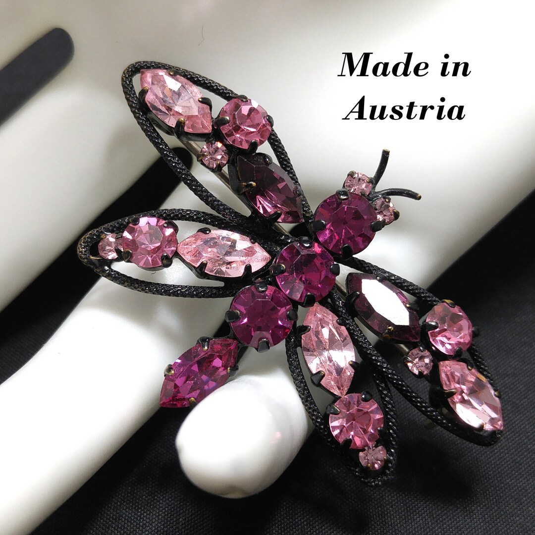 Austrian Pink Butterfly Brooch, Japanned Black Enamel, 1950s Vintage ...