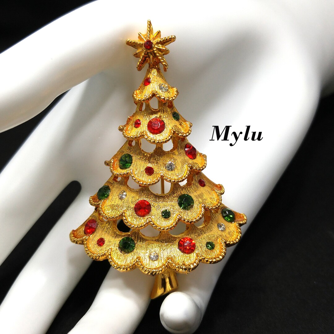 MYLU Christmas Tree Brooch, Gold Plated, Book Piece, 1960s Vintage ...
