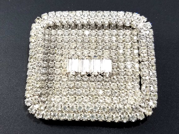 Clear Rectangle Rhinestone Brooch, Rhodium Plated, 19… - Gem
