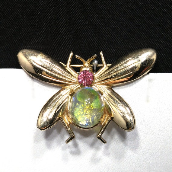 Vintage Lucite Insect Brooch, Gold Flakes, Pink Rhine… - Gem