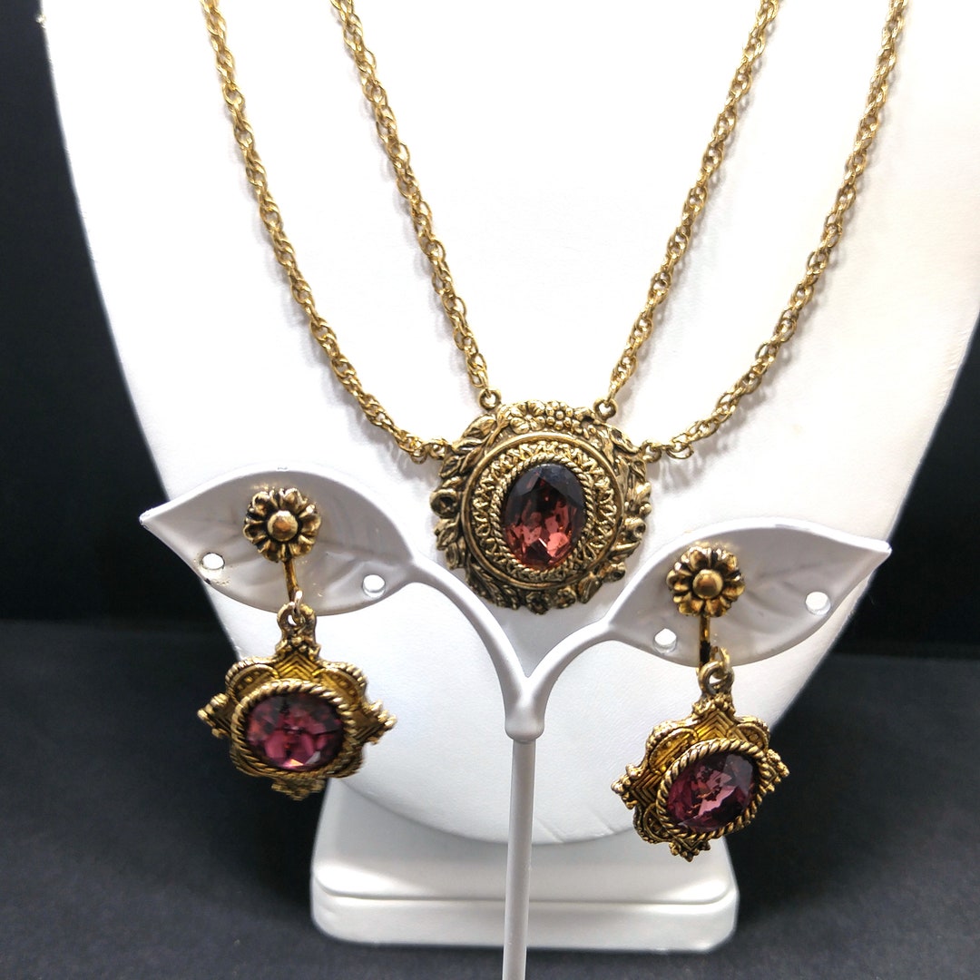 Purple Rhinestone Festoon Necklace Earrings Set, 1960s Vintage Jewelry ...