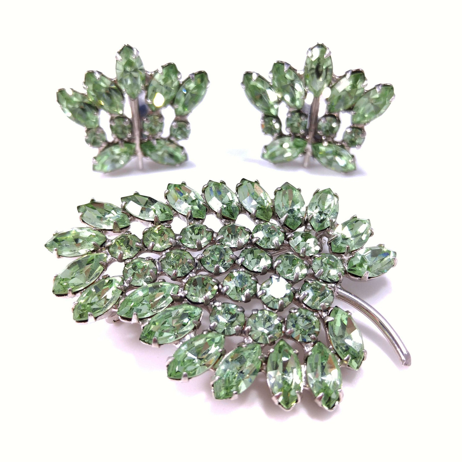 B. David Peridot Rhinestone Brooch & Earrings Silver Tone - Etsy