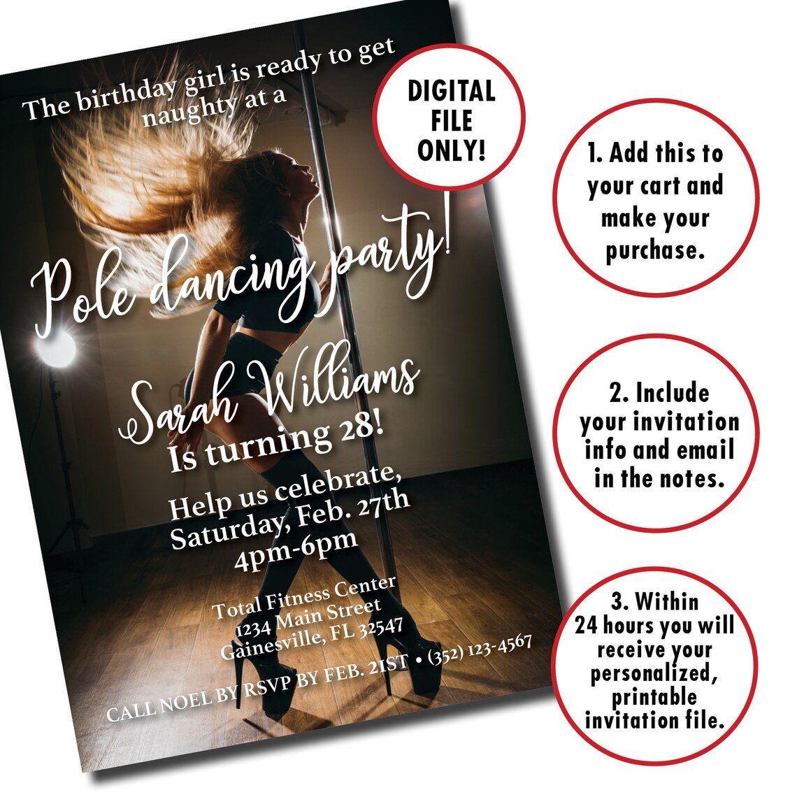 Pole Dancing Party Birthday Invitation 5x7 Personalized Printable File ...