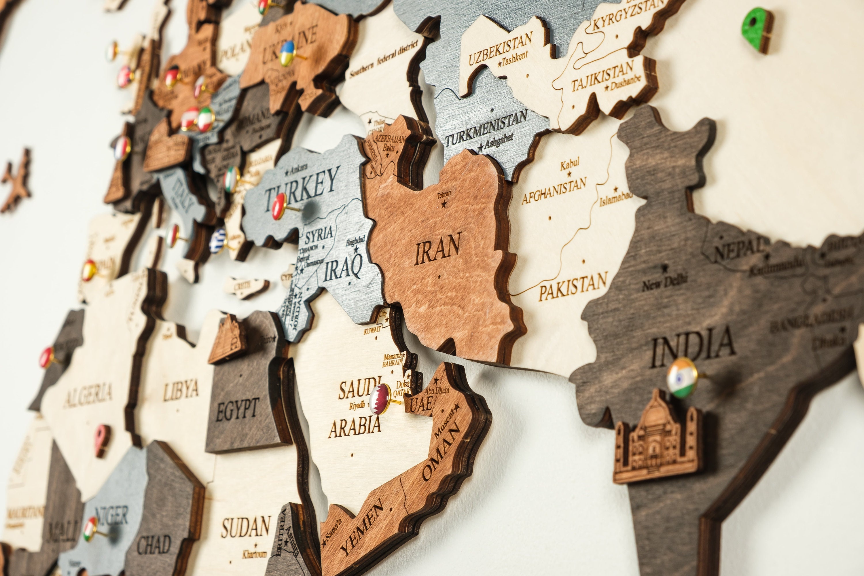 World Map Wall Wooden Map of the World Map Wooden Travel Push | Etsy