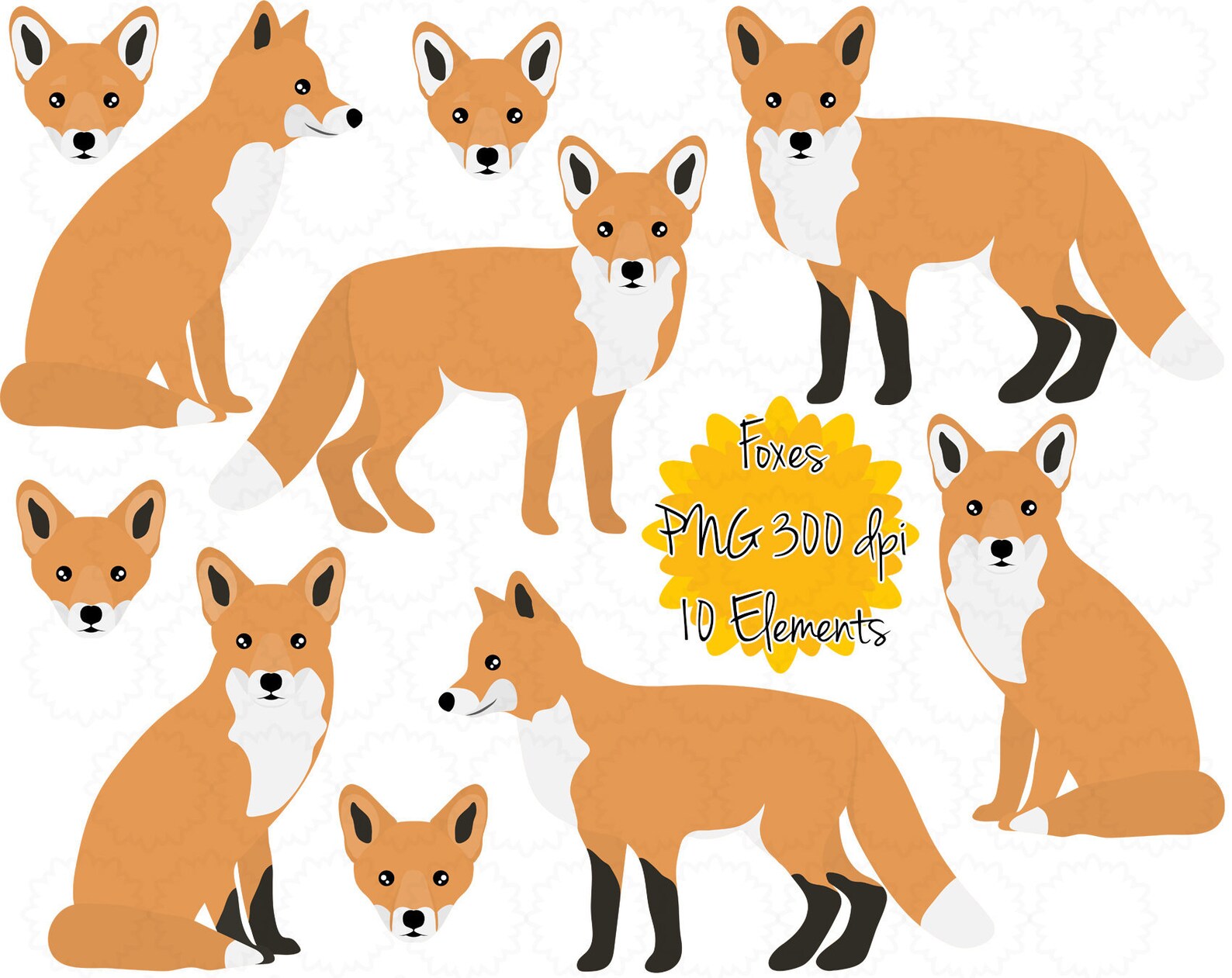 Foxes Clipart | Fox Clip Art | Fox Graphic Png | Instant Download ...