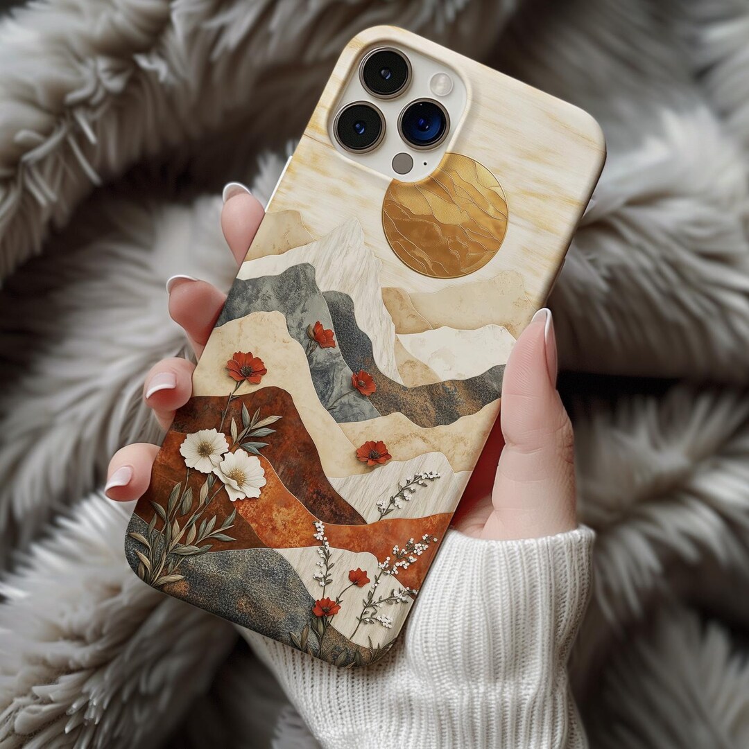 Sunset Mountain Floral Phone Case – Earthy Clay Style Landscape for ...