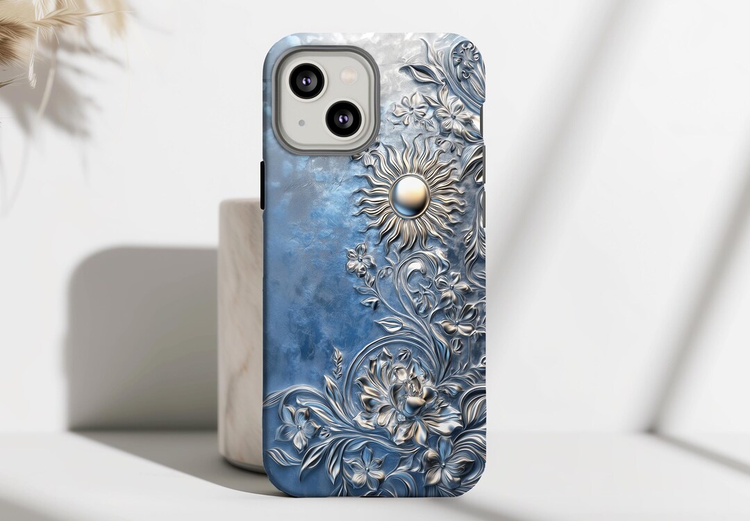 Elegant 3D Floral Sun and Moon Phone Case | Blue Metallic Embossed ...