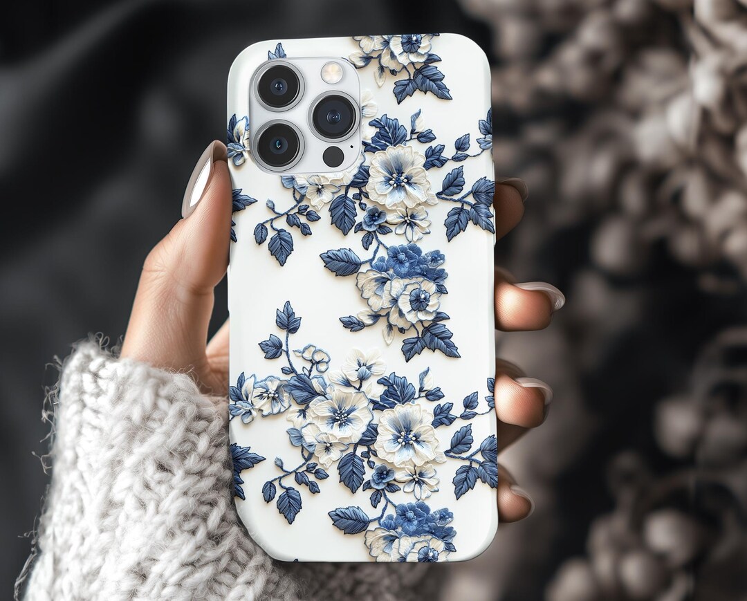 Blue Floral Embroidery Look Phone Case | Elegant 3D Art Style | iPhone ...