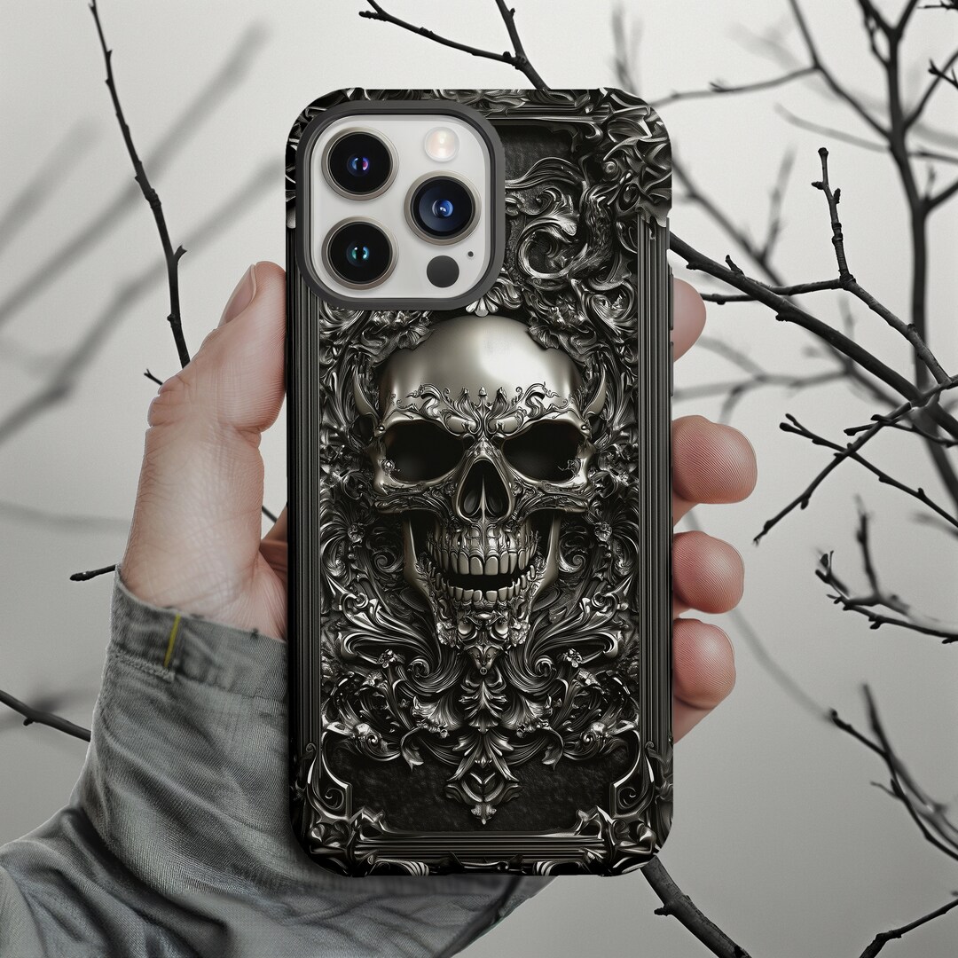 Intricate Gothic Skull Design Tough Phone Case, Dark Academia, Steel ...