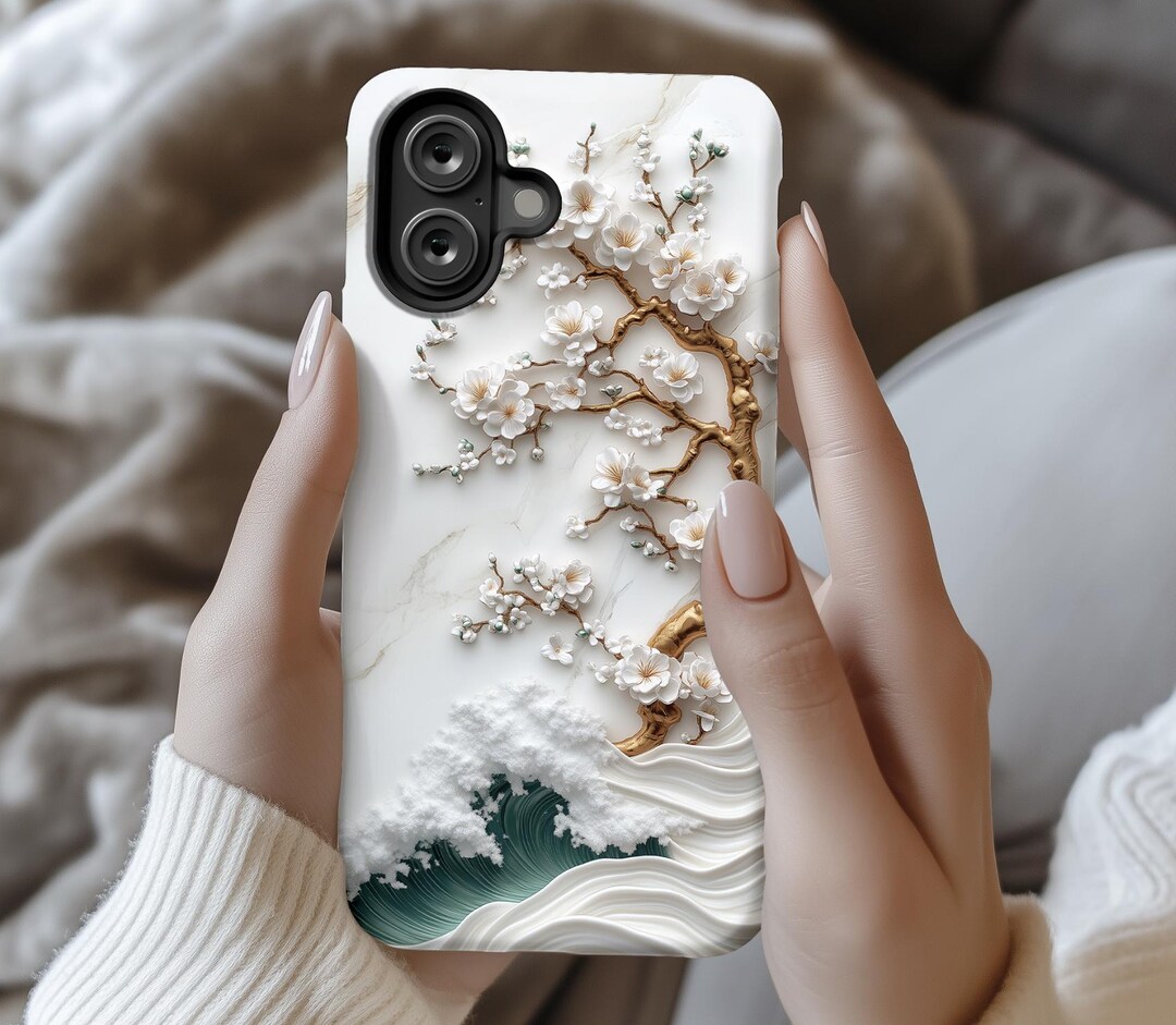 Cherry Blossom and Japanese Wave 3D Phone Case – Elegant Floral Design ...