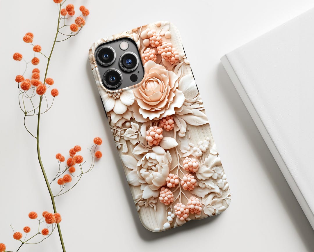 Intricate 3D Floral Phone Case, Soft Peach Rose and Berry Design for ...