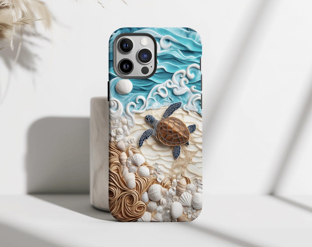 3D Look Sea Turtle Magsafe Phone Case – Beach Shells and Ocean Waves ...