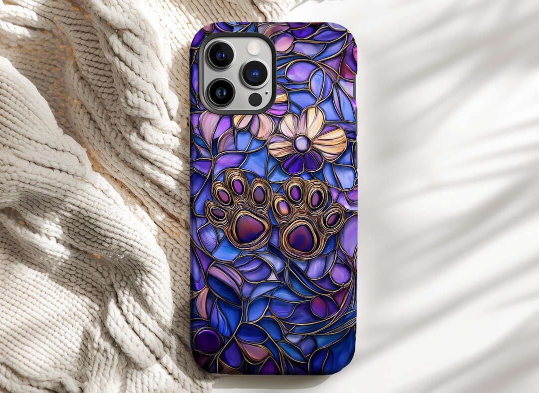 Stained Glass Dog Paw Print Phone Case | Purple Floral Design for ...