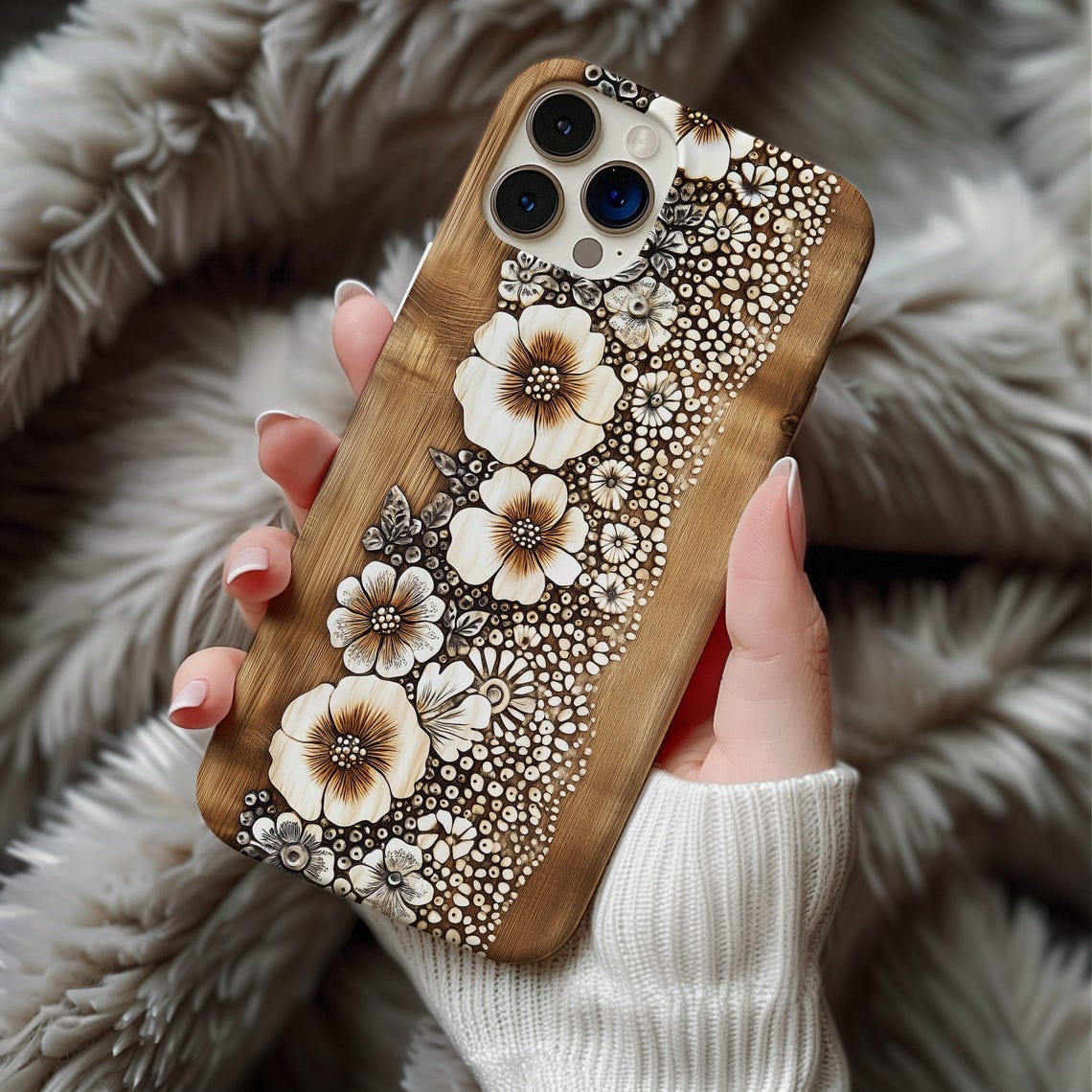 Boho Wood Carving Look Floral Phone Case for Iphone, Samsung, Google ...