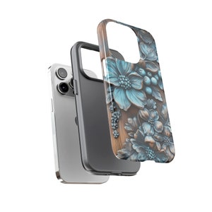 Elegant Blue Floral Wood Carved Look Phone Case - 3D Nature-inspired ...
