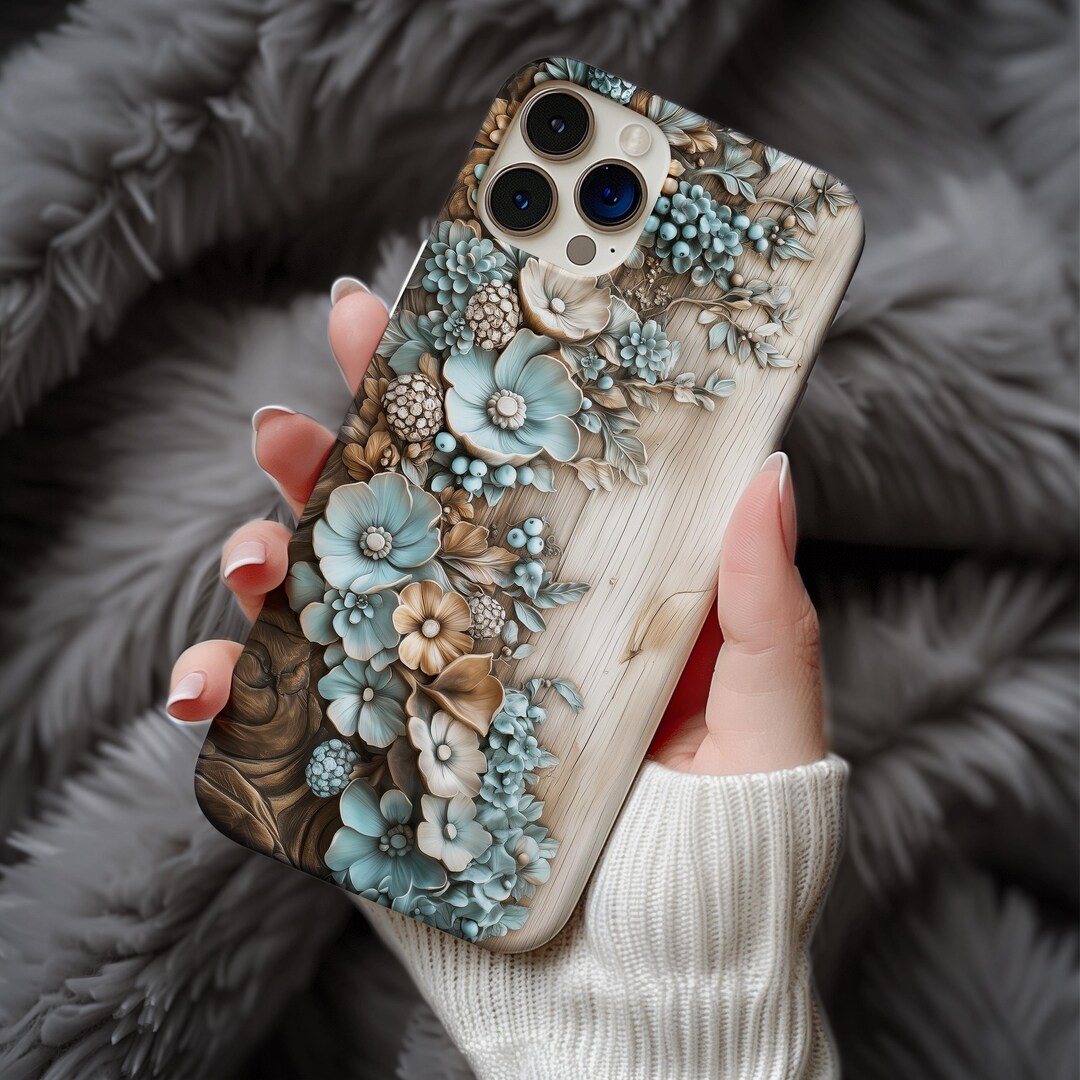 3D Floral Wood-carved Look Phone Case for iPhone 15, Samsung Galaxy S24 ...