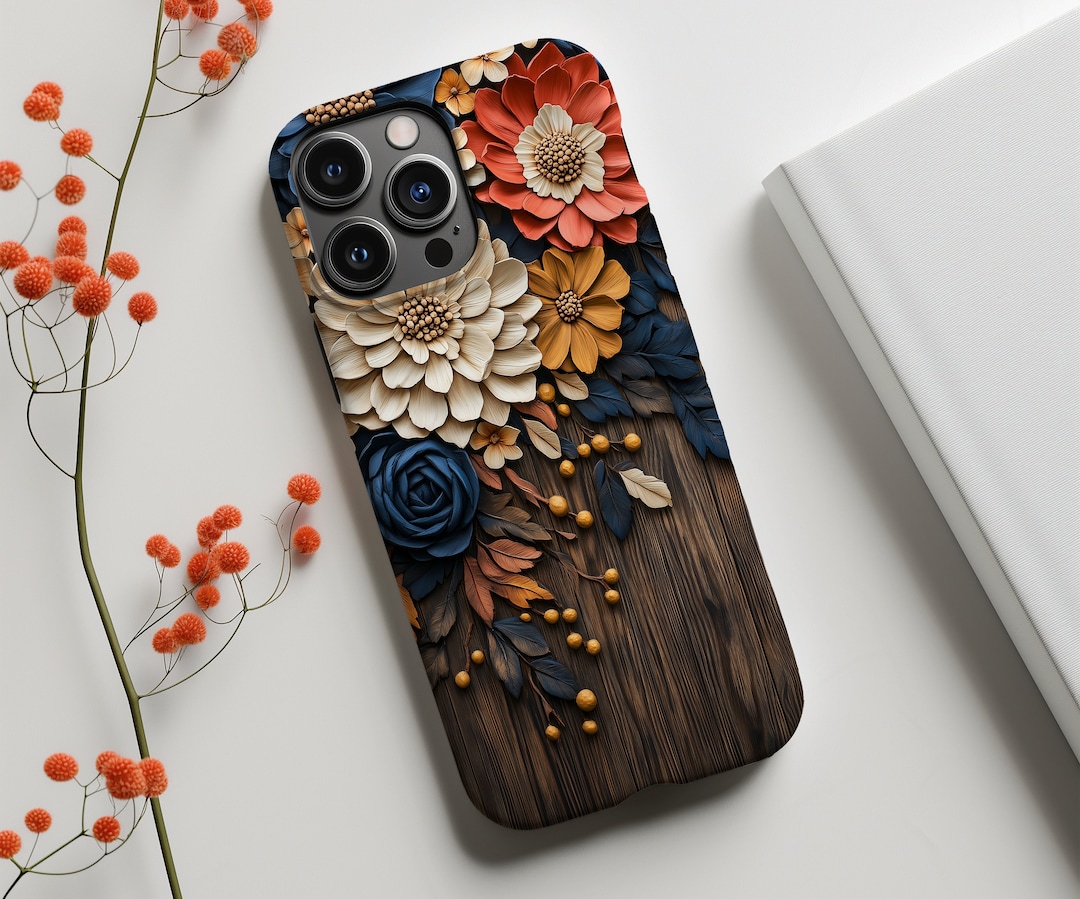 Elegant Wood Carved Floral Phone Case - 3D Artistic Design - Protective ...