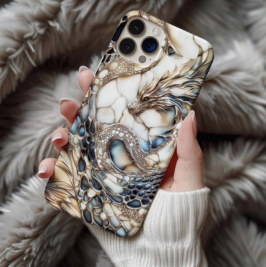 Mosaic Dragon Phone Case – 2024 Fantasy Art Design – Ivory Blue Dragon ...