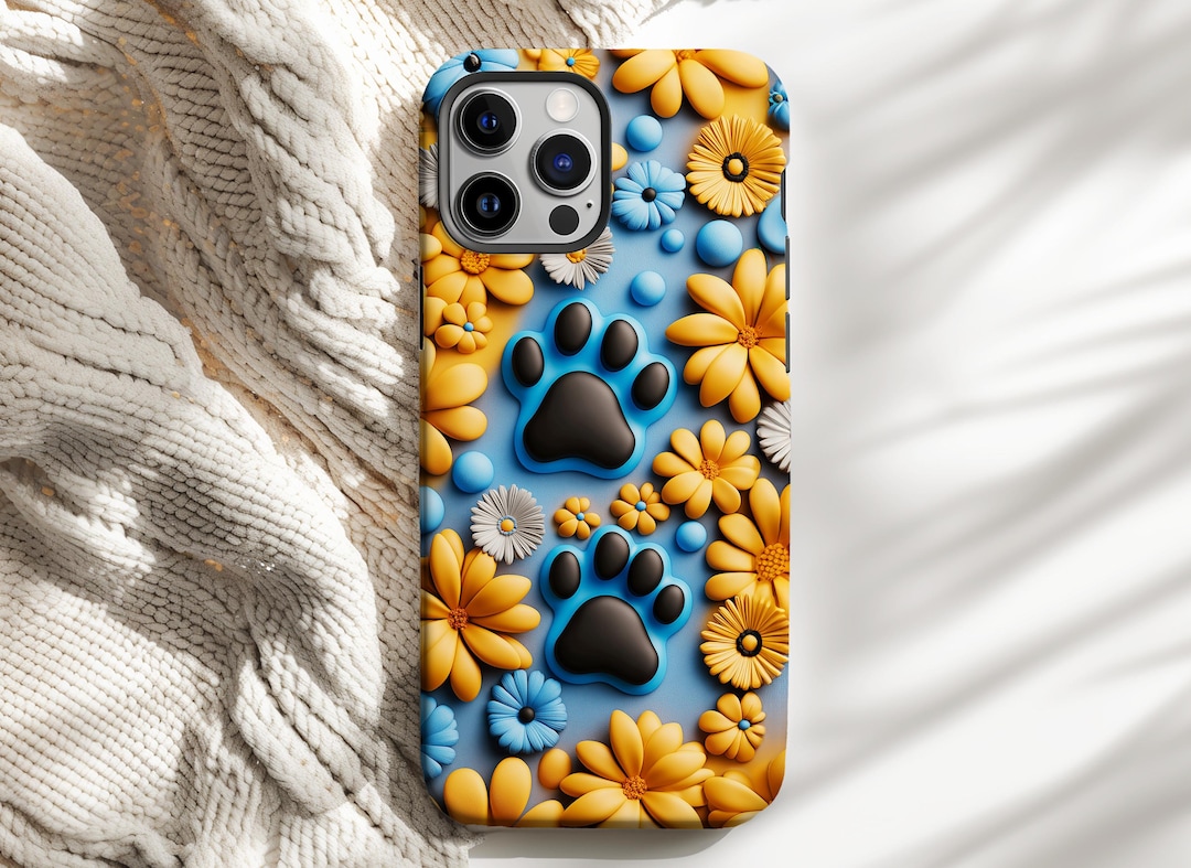 3D Floral Dog Paw Print Phone Case - Cute Blue & Yellow Flowers for ...