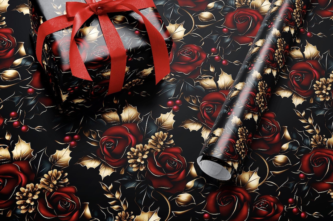 Elegant Christmas Wrapping Paper Red Roses & Gold Holly Vintage ...