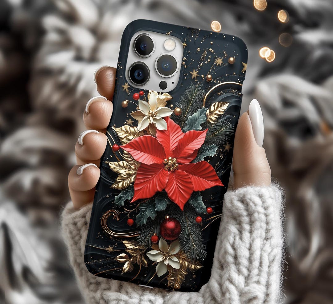 3D Poinsettia Christmas Phone Case | Red & White Flowers With Gold ...