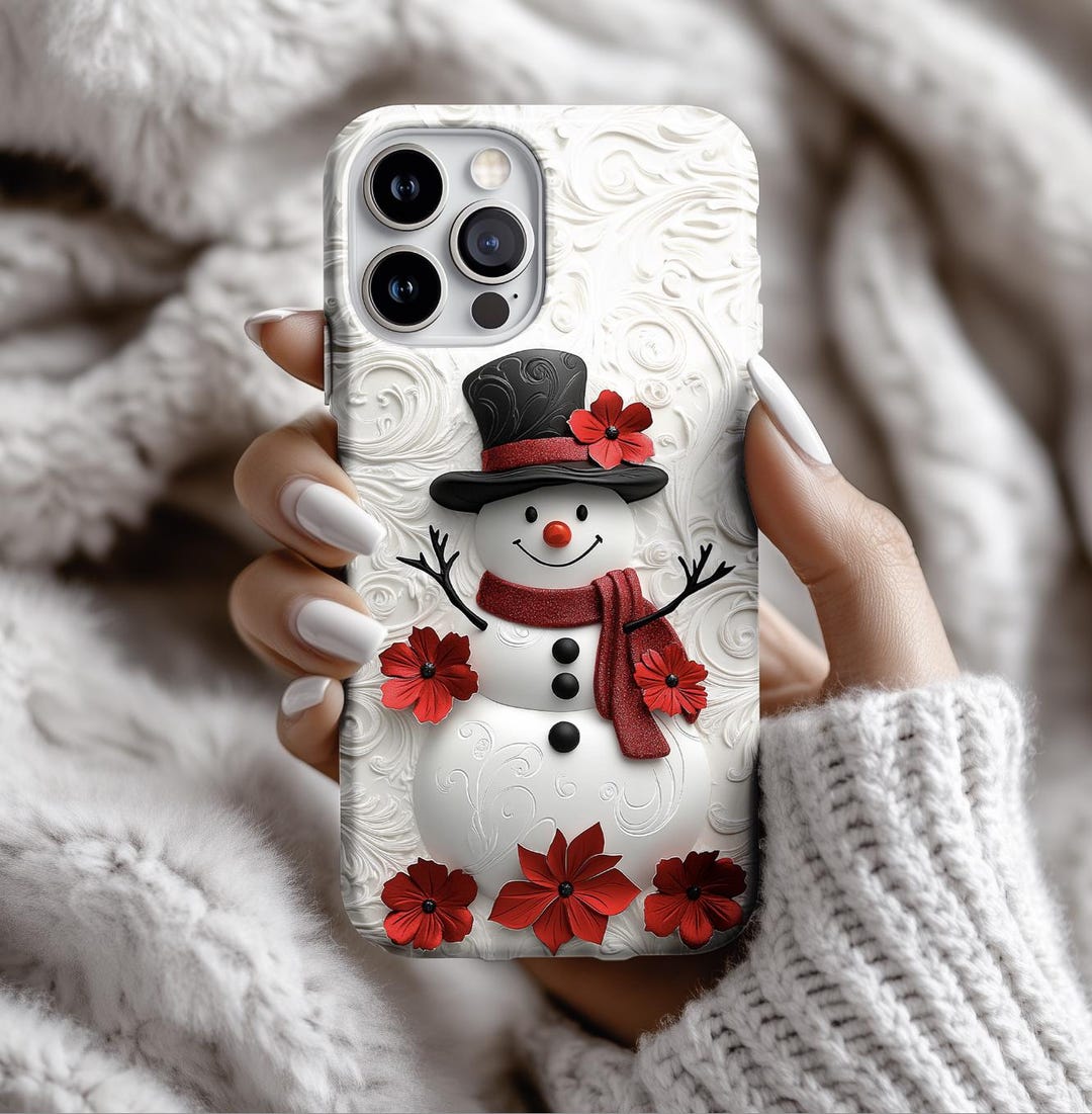 Christmas Snowman Phone Case | 3D Snowman With Red Poinsettias Design ...