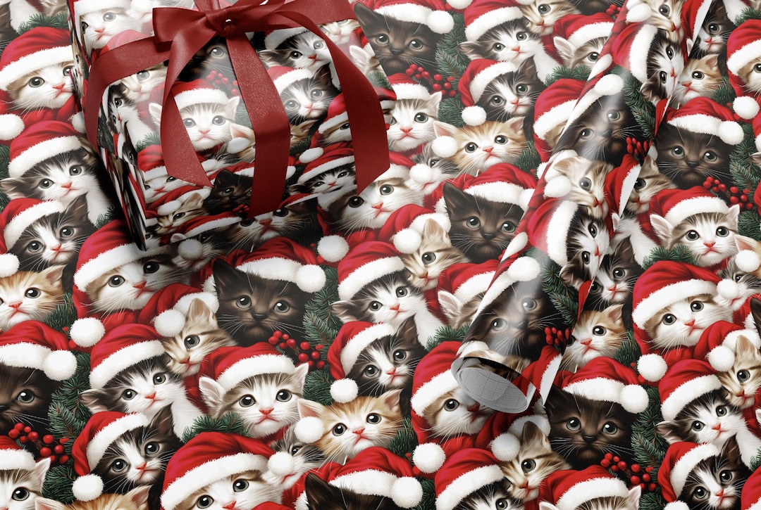Christmas Cats Wrapping Paper, Adorable Kittens in Santa Hats Gift Wrap ...