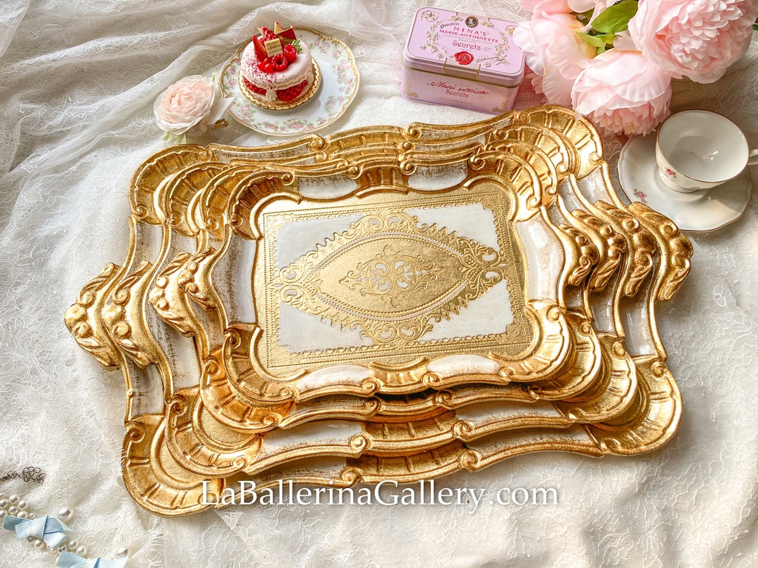 Italian Florentine Tray Hand Paint Wood Gold Baroque Rococo Tea Board ...