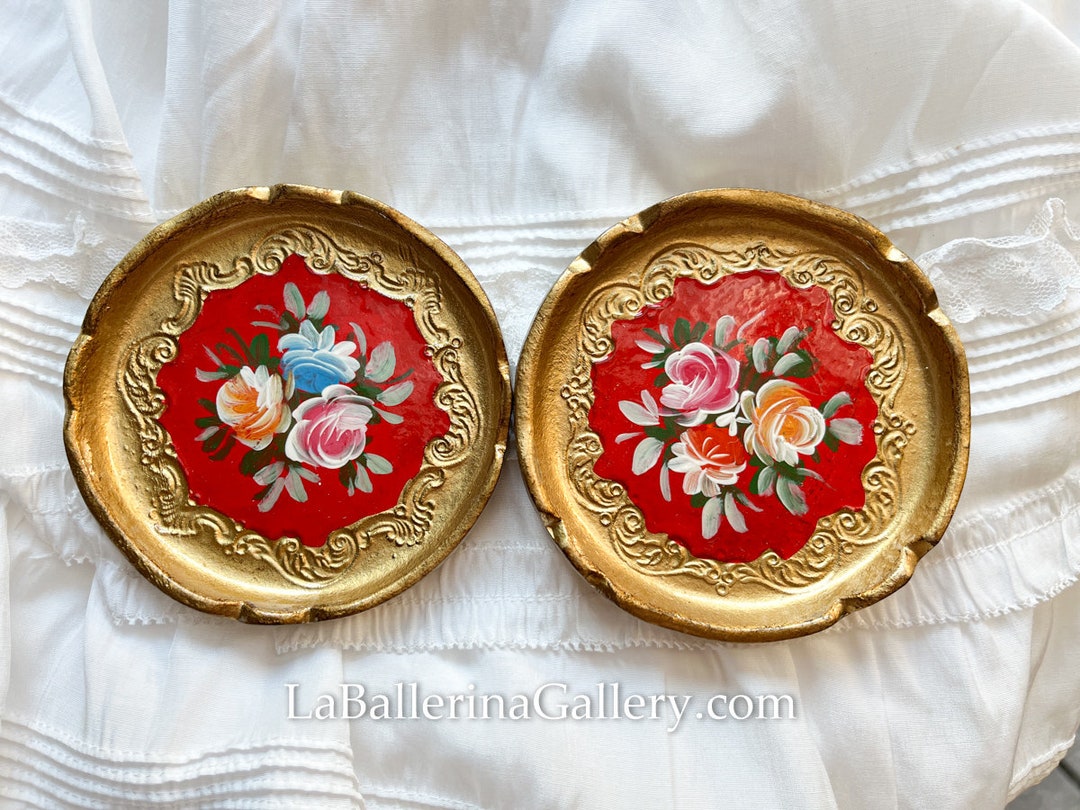 2 Pieces Italian Florentine Coaster Hand Paint Rose Baroque Rococo ...