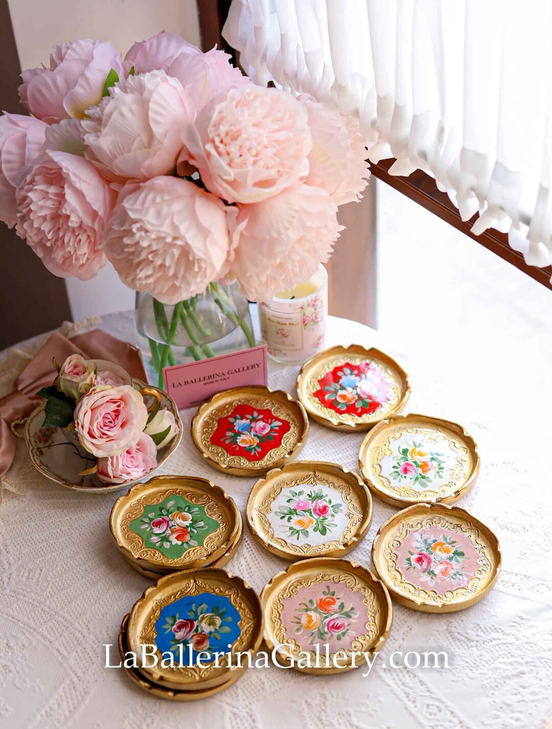 2 Pieces Italian Florentine Coaster Hand Paint Rose Baroque - Etsy