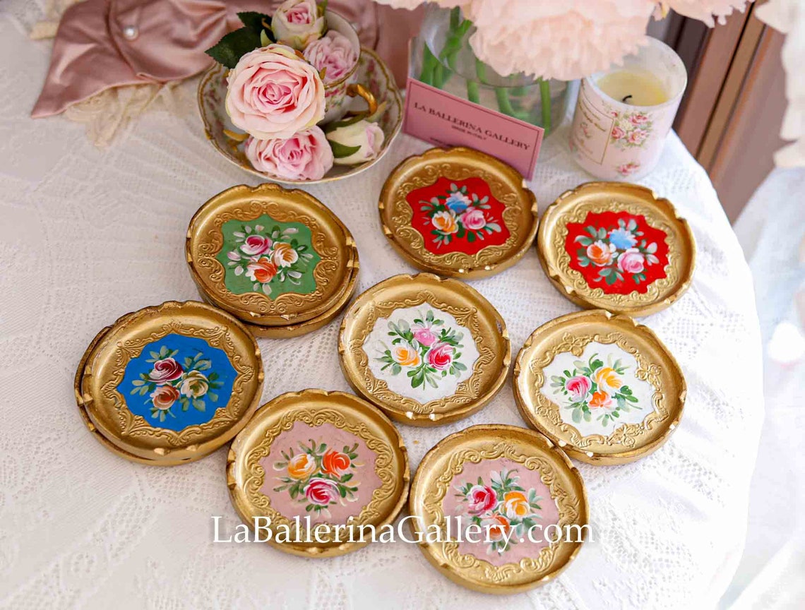 2 Pieces Italian Florentine Coaster Hand Paint Rose Baroque - Etsy