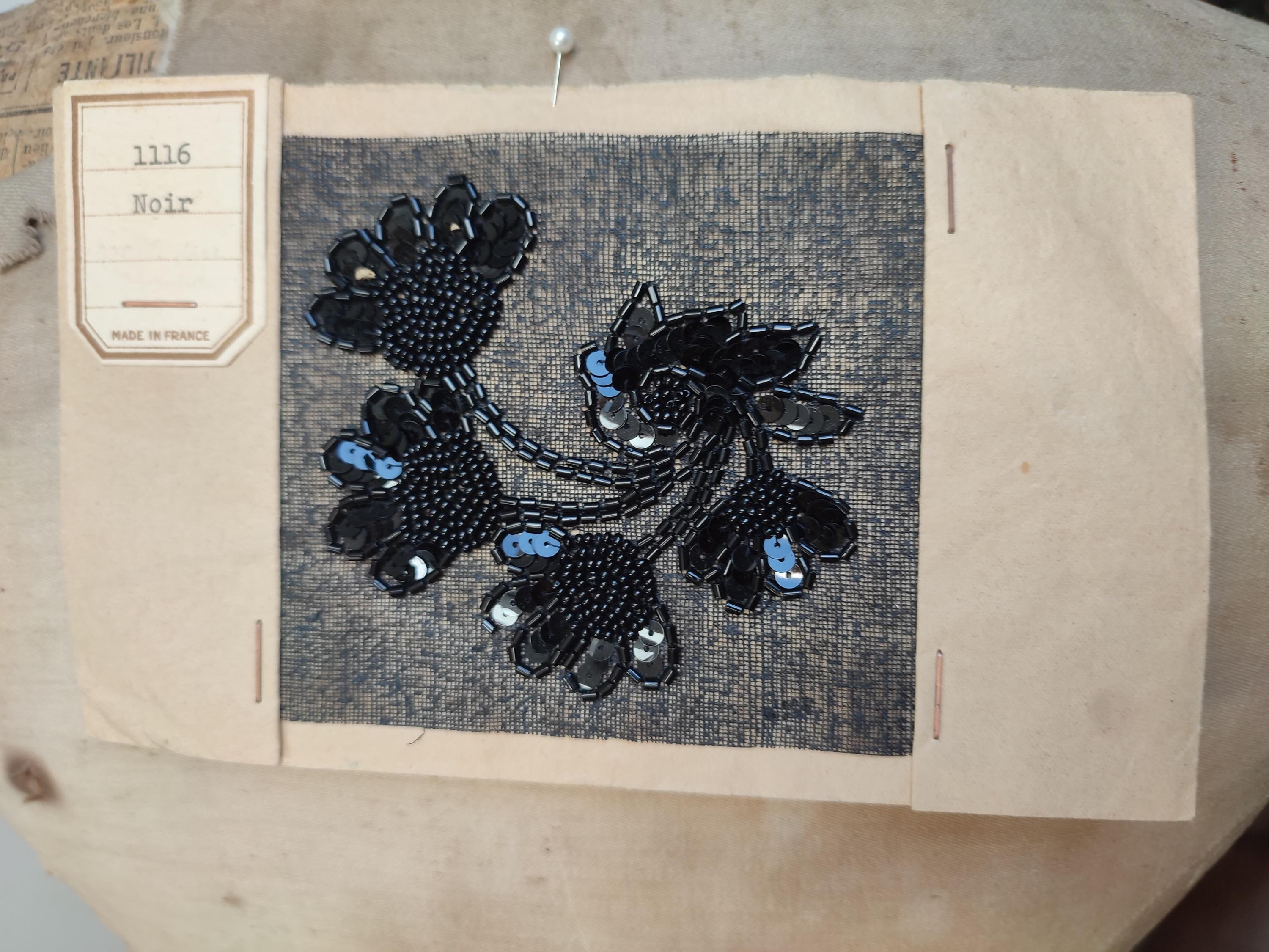 Black Beaded Flower Spray Appliqué Embroidered With Sequins, Art Déco ...